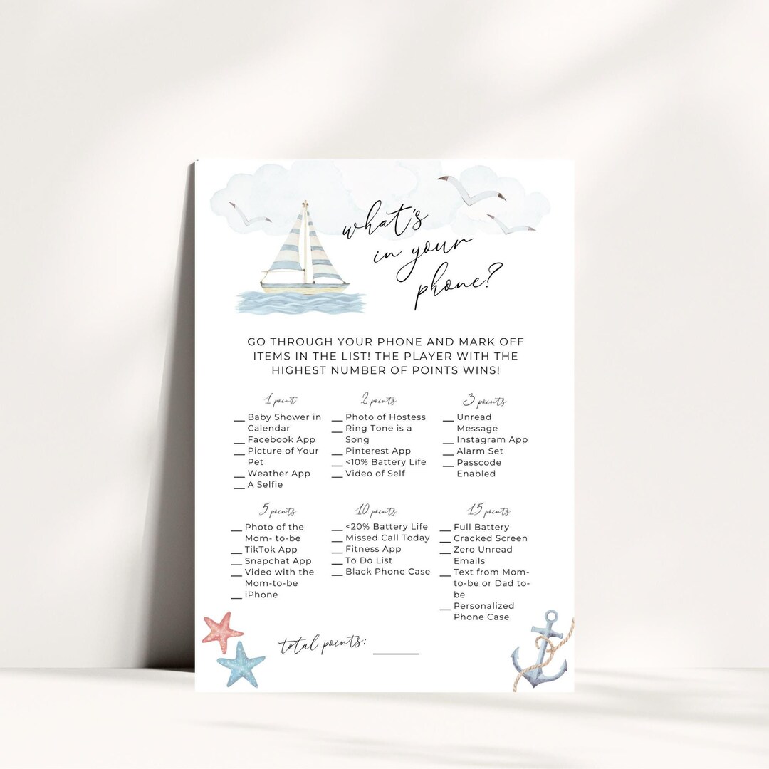 PRINTED Nautical Party Game - What's in Your Phone Game- Print and Ship ...