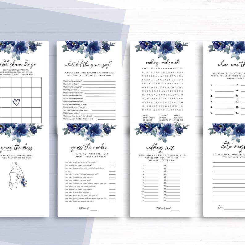 Blue Floral Bridal Shower Games, Printable Bridal Shower Games, 20 ...