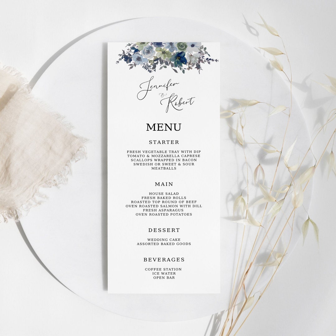 Blue Wedding Menu Editable Template, Blue Floral Menu Template, Vintage ...