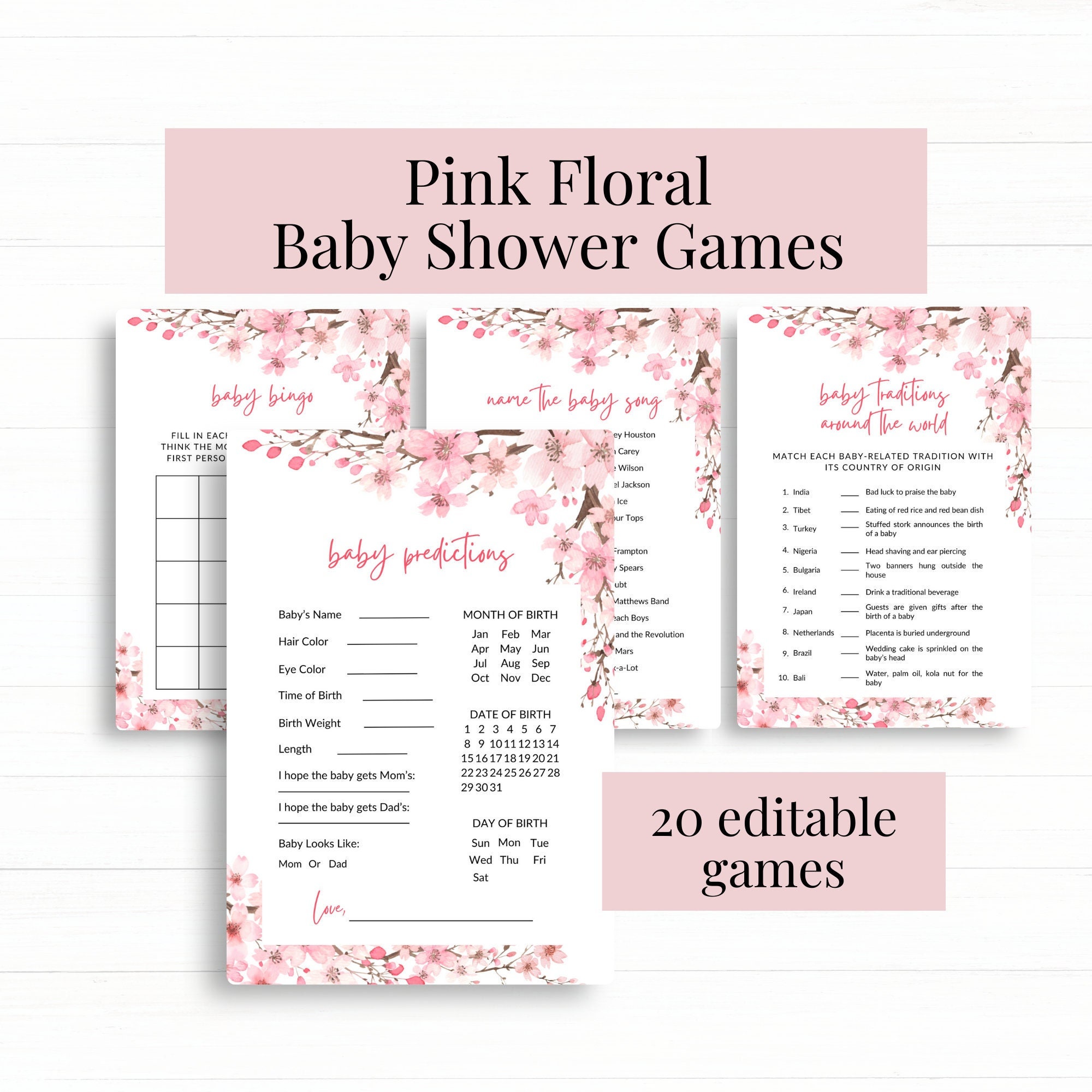 Pink Floral Baby Shower Games Collection Editable Template, Instant ...