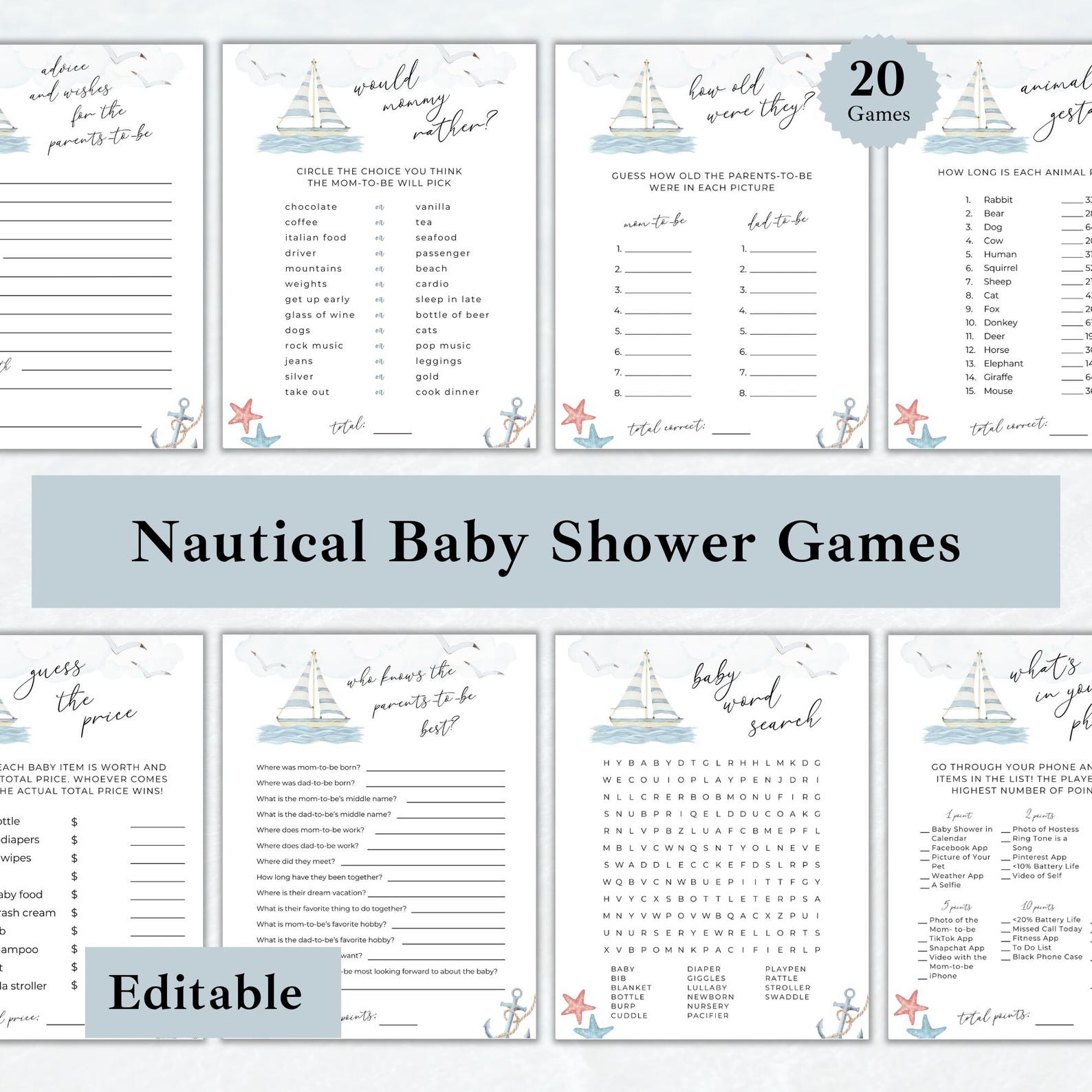 Nautical Baby Shower Games Set - 20 Editable Sailing Games, Instant ...