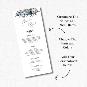 Blue Wedding Menu Editable Template, Blue Floral Wedding Menu Template ...