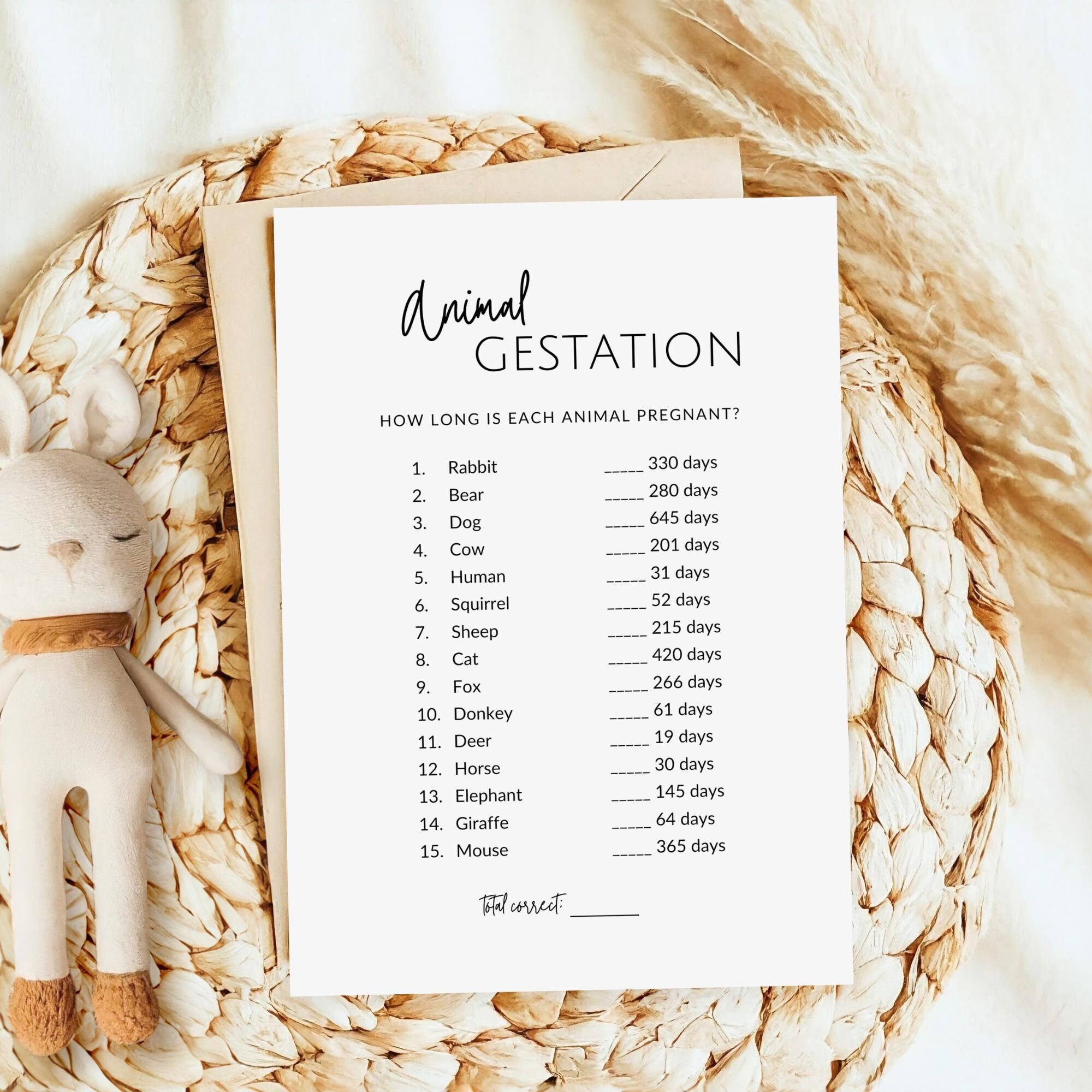 Animal Gestation Baby Shower Game, Animal Pregnancy Game, Baby Animal ...