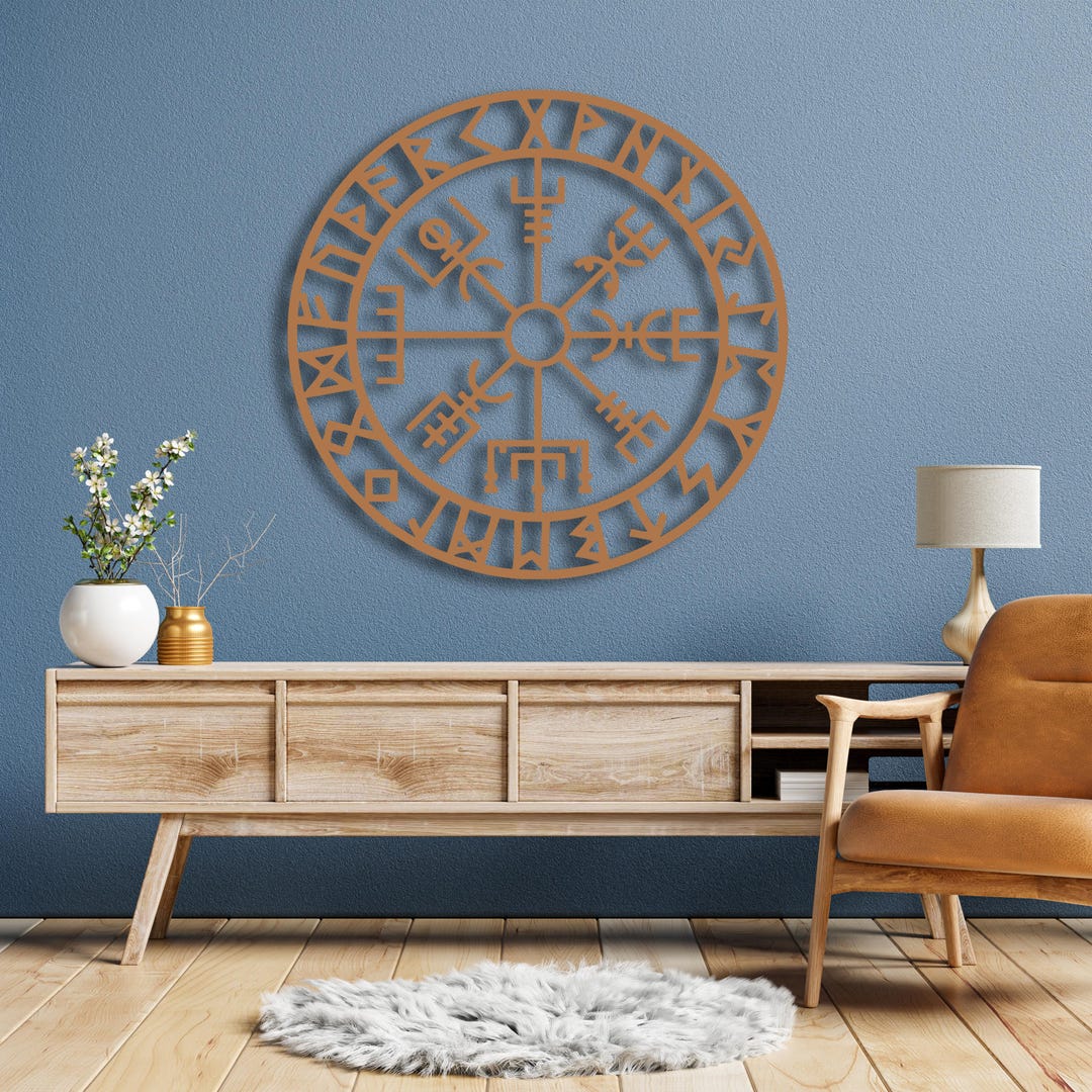 Viking Compass Wall Art, Vegvisir Rune Icelandic Wayfinder Hanging ...