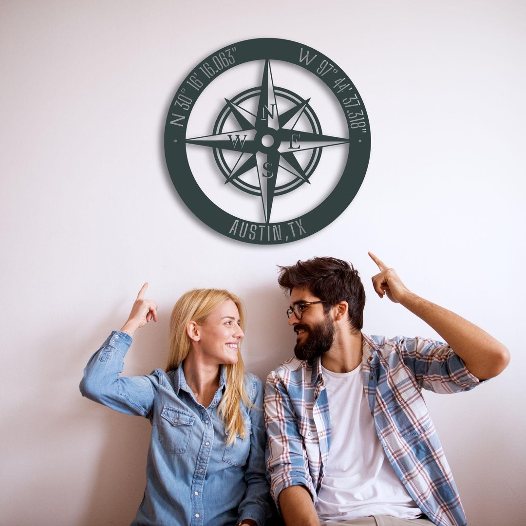 GPS Compass Metal Sign Custom Coordinates Wall Art, Nautical Star Home ...