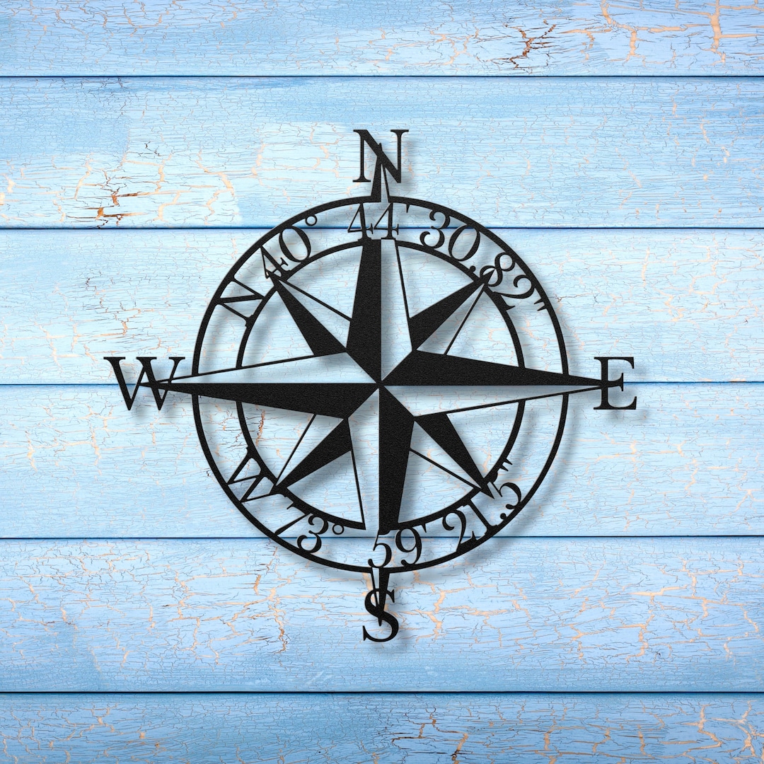 Personalized Compass Rose Wall Art W/ Custom GPS Coordinates, Nautical ...