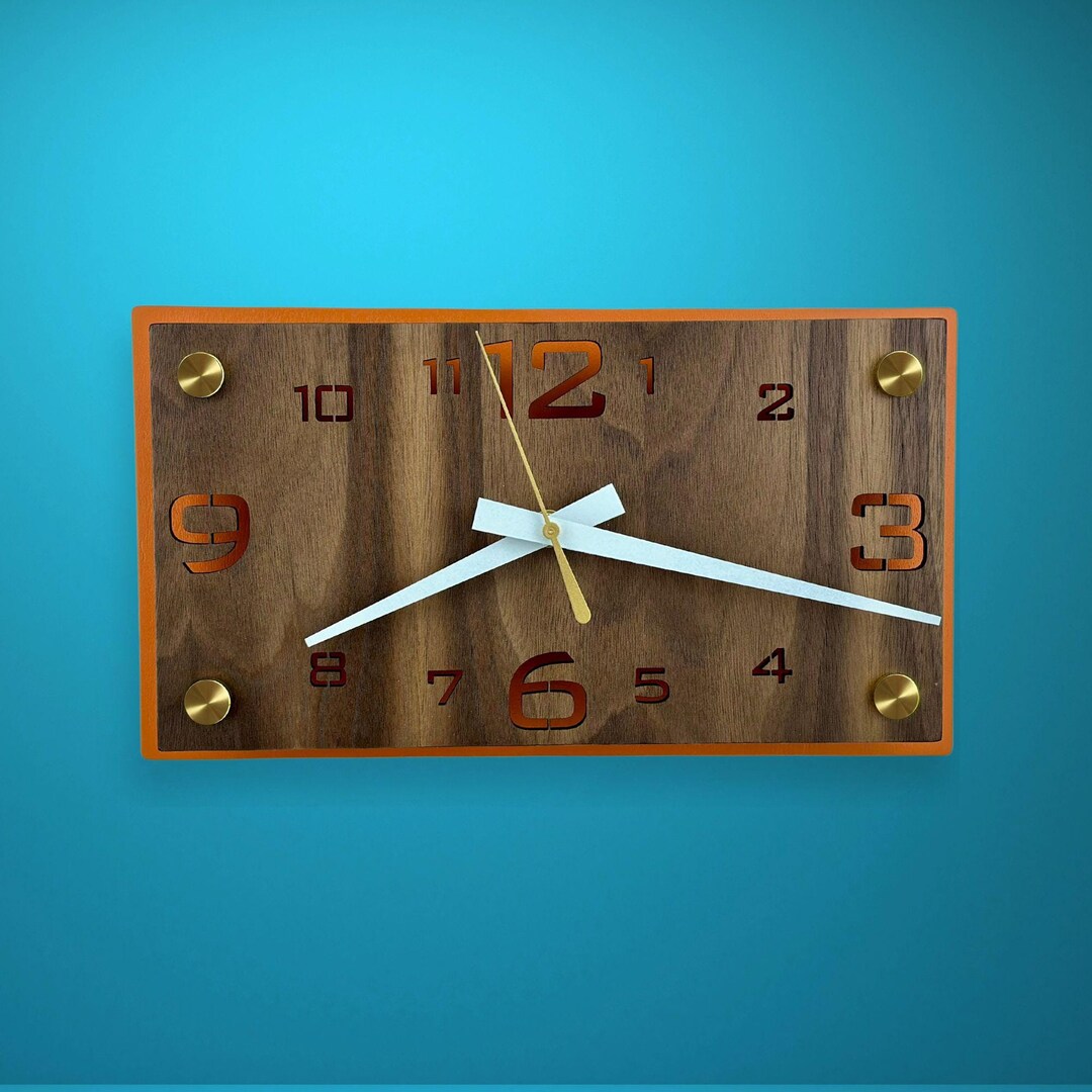 Walnut Wood Wall Clock, Retro Brass Decor Style, Mid Century Modern ...