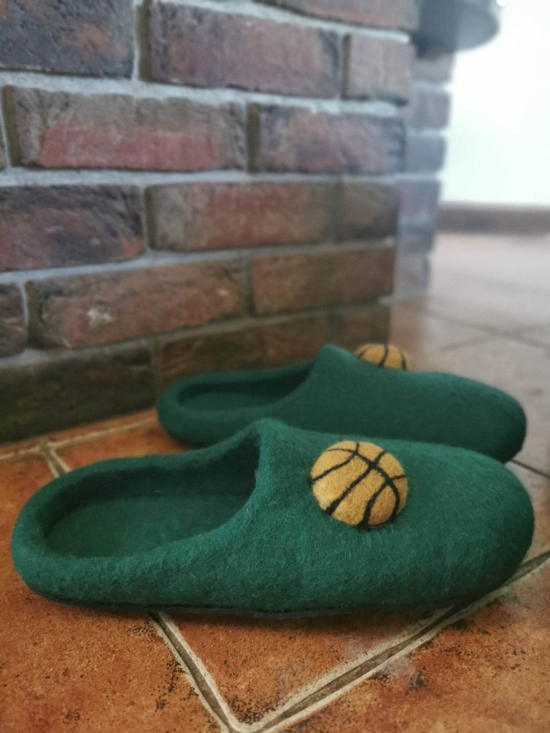 Room Slippers, Dark Green Slippers, Wool Men's Slippers With Rubber ...