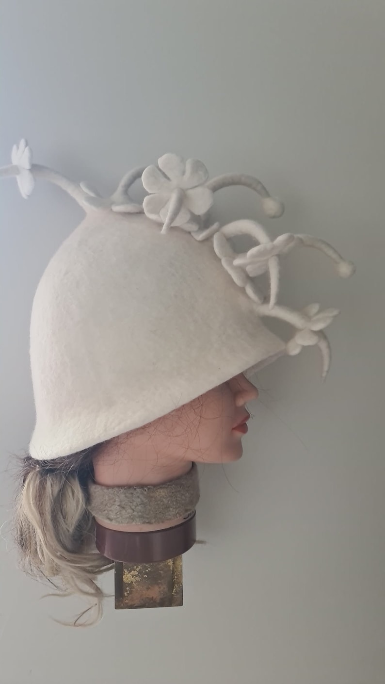 White Sauna Hat, Bridal Shower Party Hat, Felted Hat Handmade, Spa Gift ...