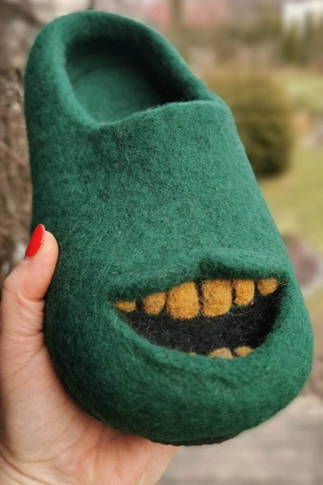 Handmade Felted Wool Slippers: Green Joker Smile, Happy Feet - Etsy