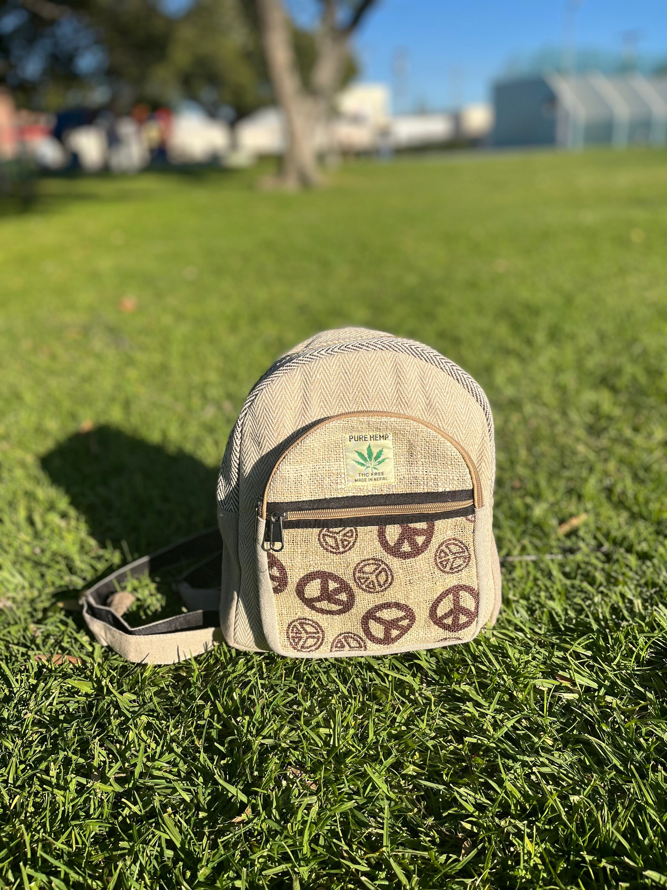 13" Peace Sign Hemp Backpack, Himalayan Backpack, Traveling Bag, Hiking ...