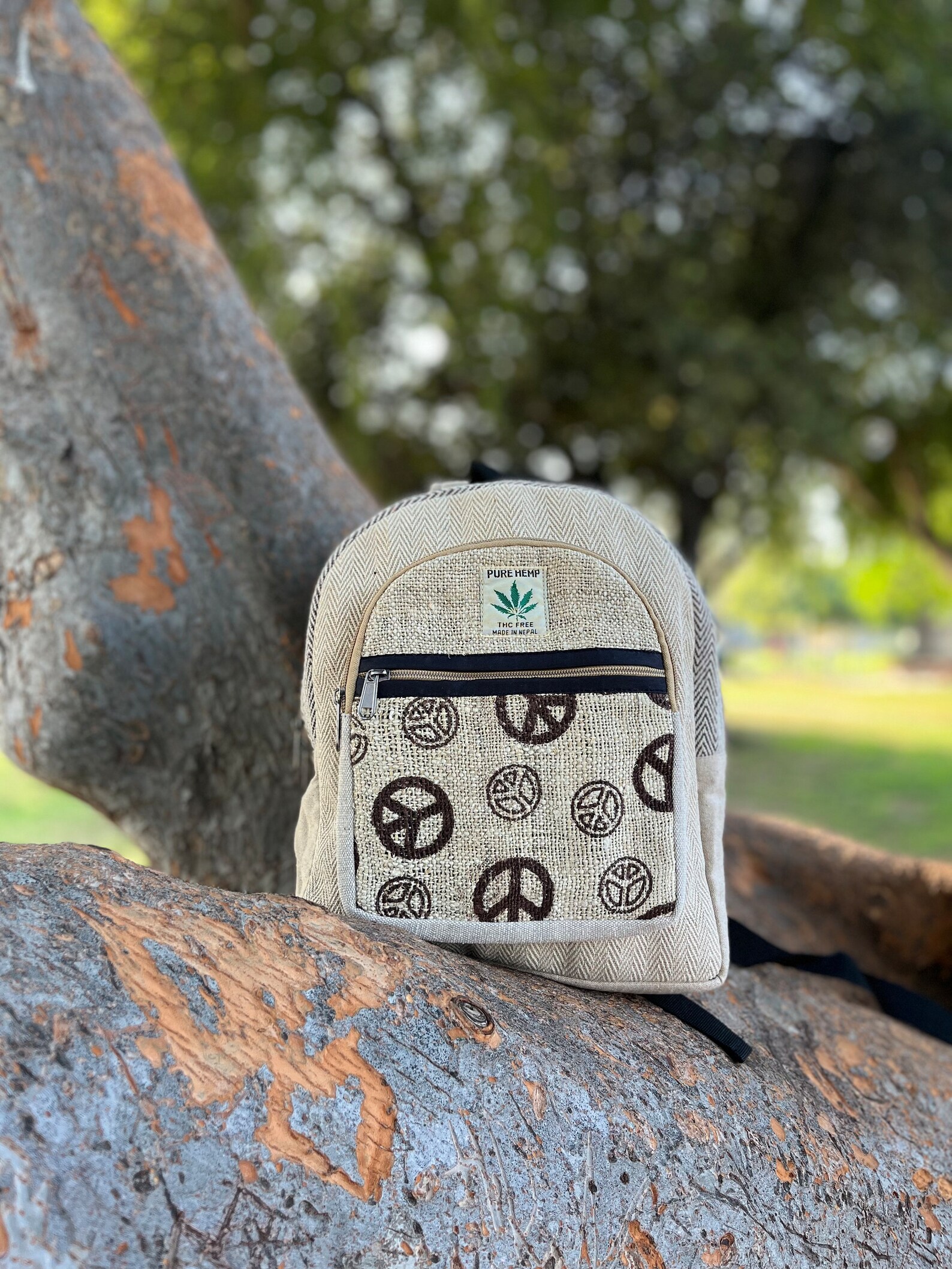 13" Peace Sign Hemp Backpack, Himalayan Backpack, Traveling Bag, Hiking ...