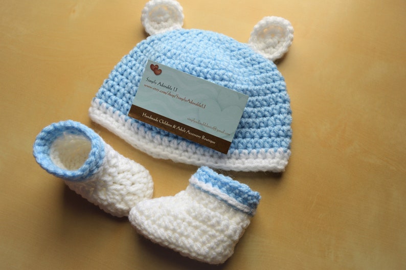 Simply Adorable U Crochet Blue Baby Bear Hat and Booties Set, Handmade ...