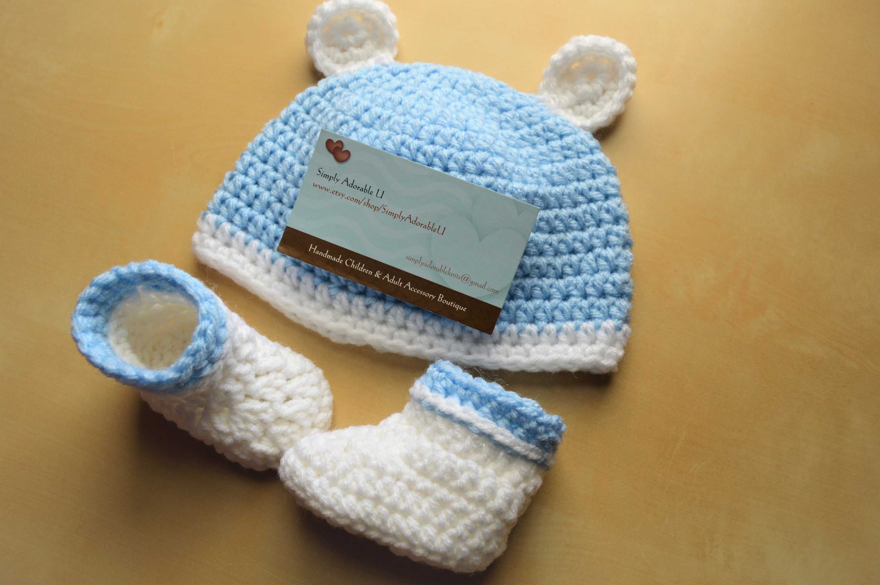 Simply Adorable U Crochet Blue Baby Bear Hat and Booties Set, Handmade ...