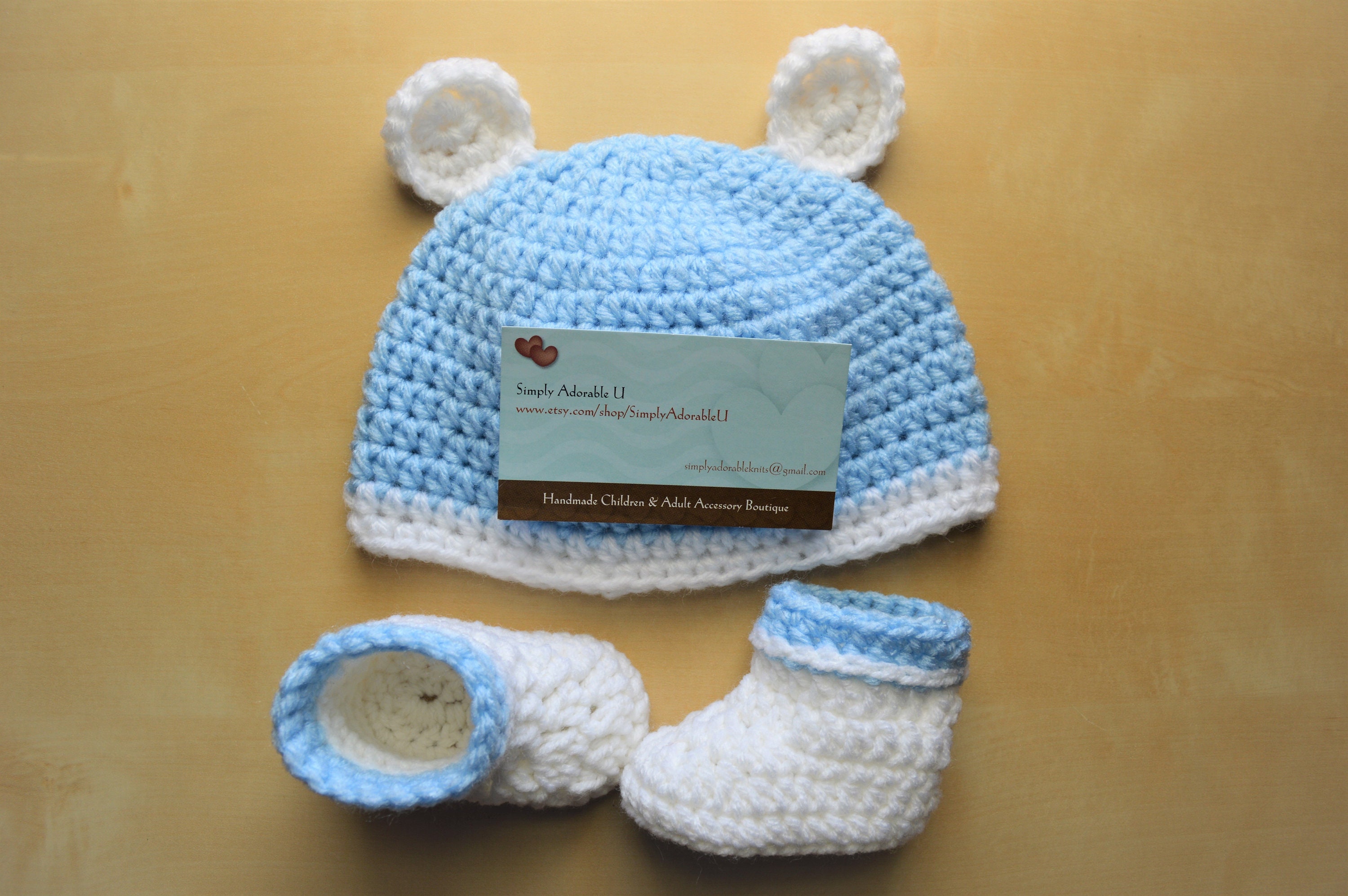 Simply Adorable U Crochet Blue Baby Bear Hat and Booties Set, Handmade ...
