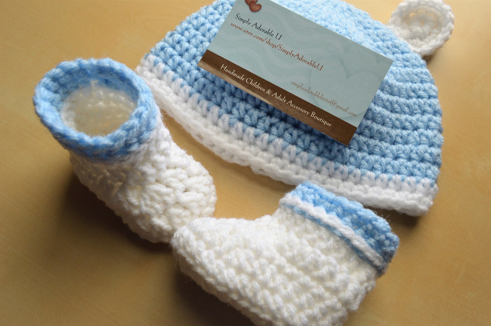Simply Adorable U Crochet Blue Baby Bear Hat and Booties Set, Handmade ...