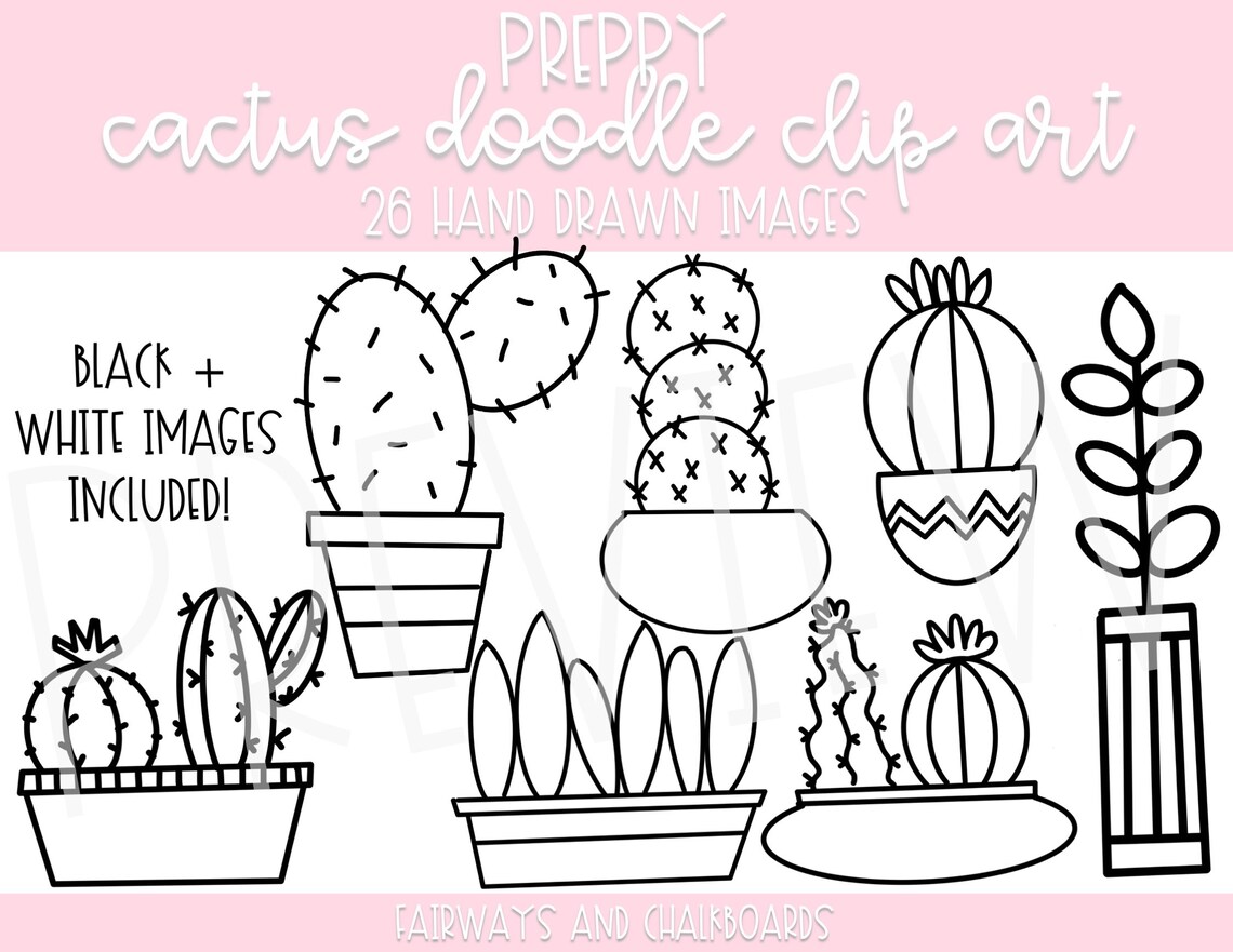 Preppy Cactus Doodle Clip Art | Color + Black and White | Hand Drawn ...