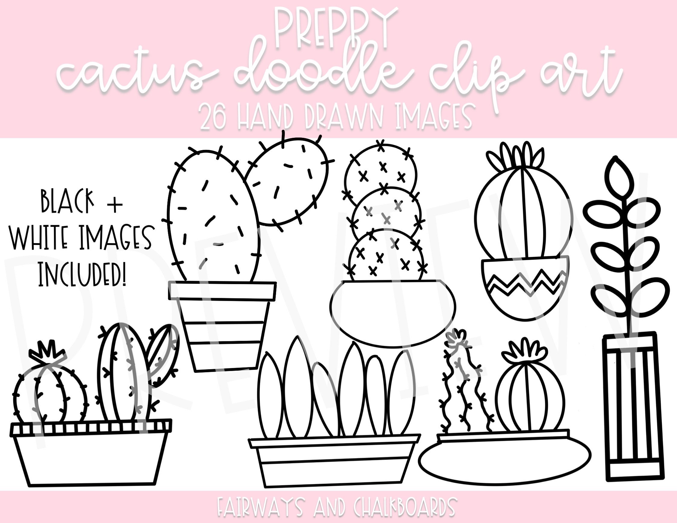 Preppy Cactus Doodle Clip Art | Color + Black and White | Hand Drawn ...