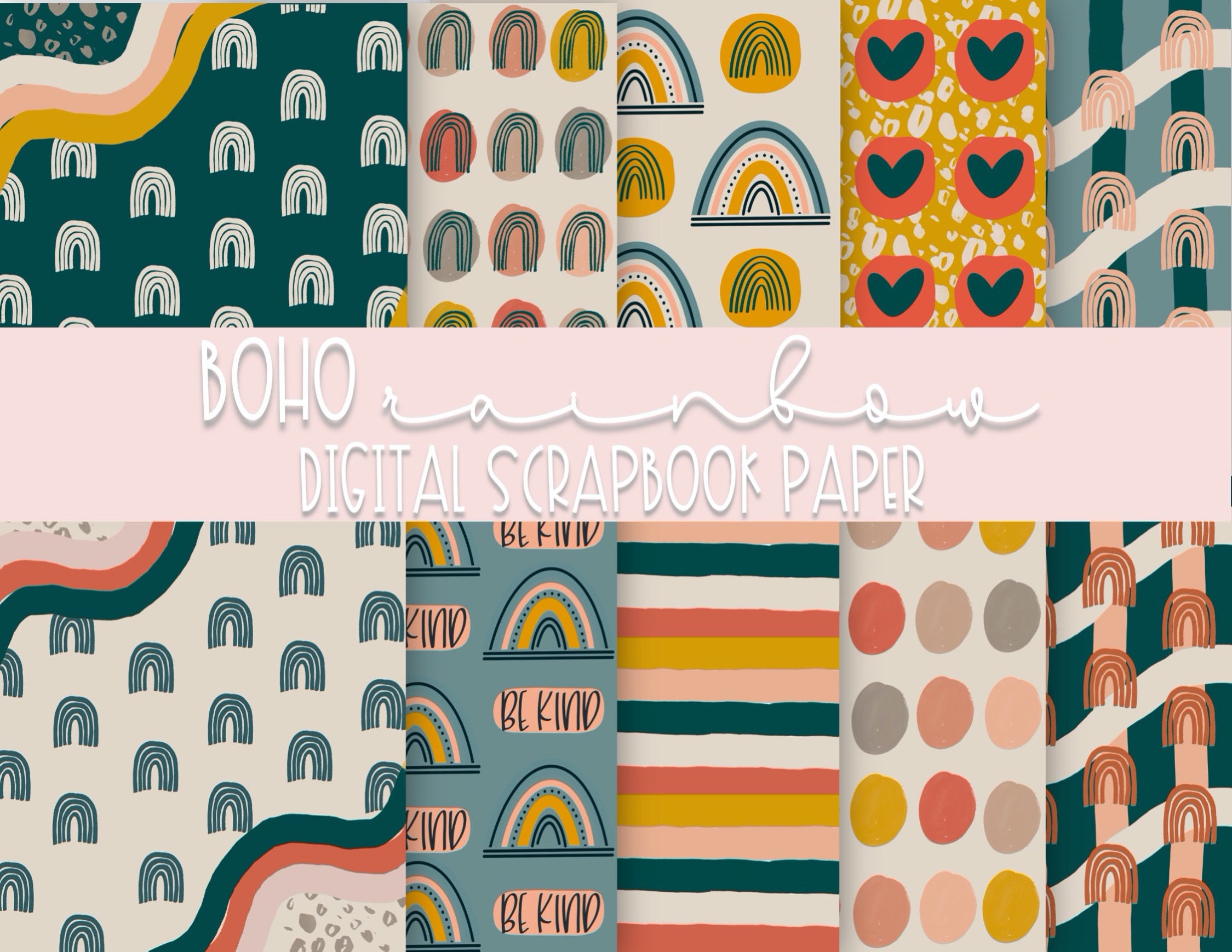 Modern Boho Rainbows Digital Scrapbook Paper 12 X 12 Digital or ...