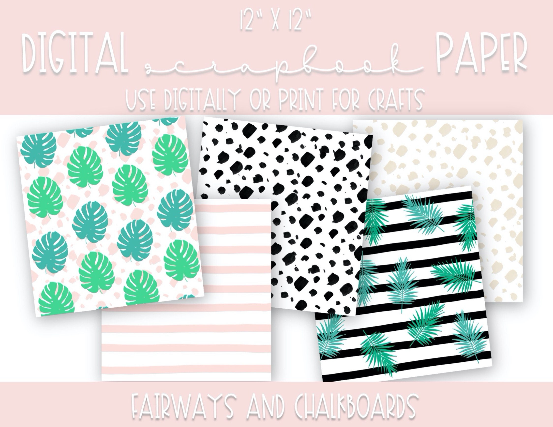 Modern Tropical Leaves Digital Scrapbook Paper | 12" X 12" | Digital or ...