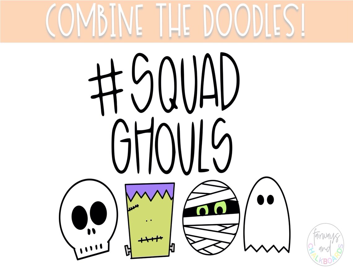 Preppy Halloween Doodle Clip Art Color Black and White Hand Drawn ...