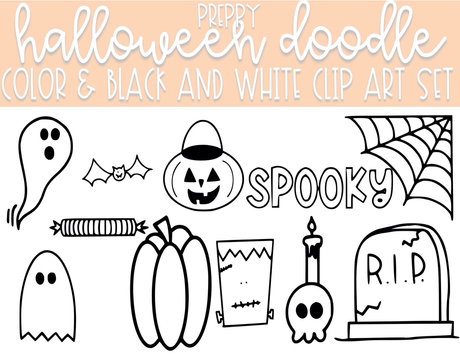 Preppy Halloween Doodle Clip Art | Color + Black and White | Hand Drawn ...