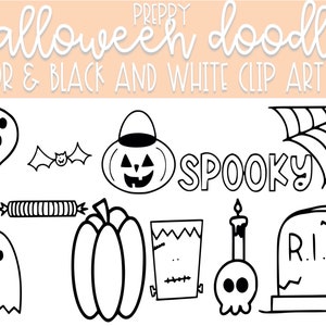 Preppy Halloween Doodle Clip Art | Color + Black and White | Hand Drawn ...