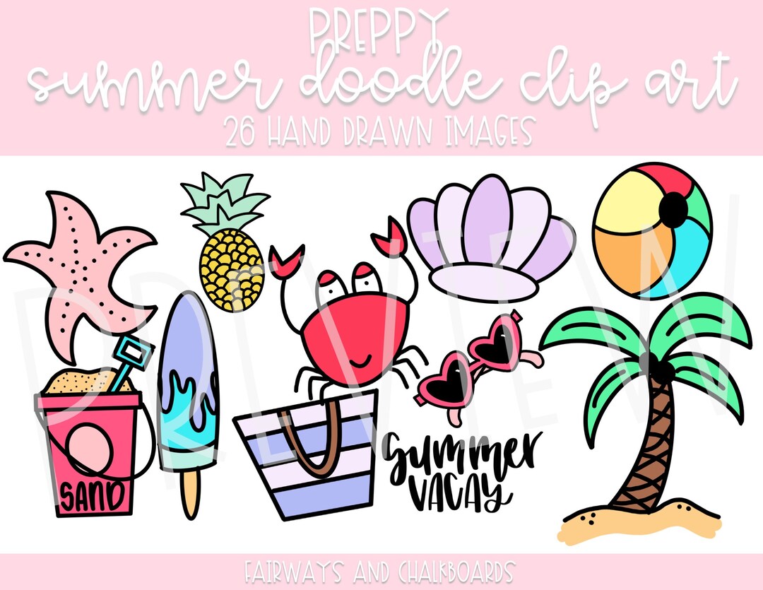 Preppy Summer Doodle Clip Art | Color + Black and White | Hand Drawn ...