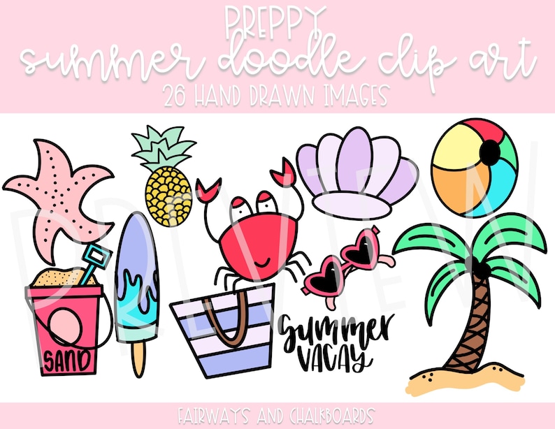 Preppy Summer Doodle Clip Art Color Black and White Hand Drawn Images ...