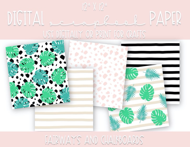 Modern Tropical Leaves Digital Scrapbook Paper | 12" X 12" | Digital or ...