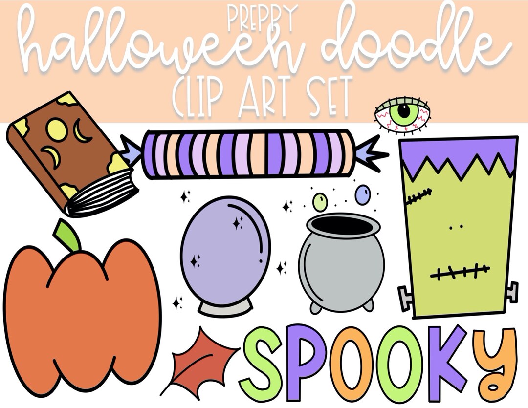 Preppy Halloween Doodle Clip Art | Color + Black and White | Hand Drawn ...