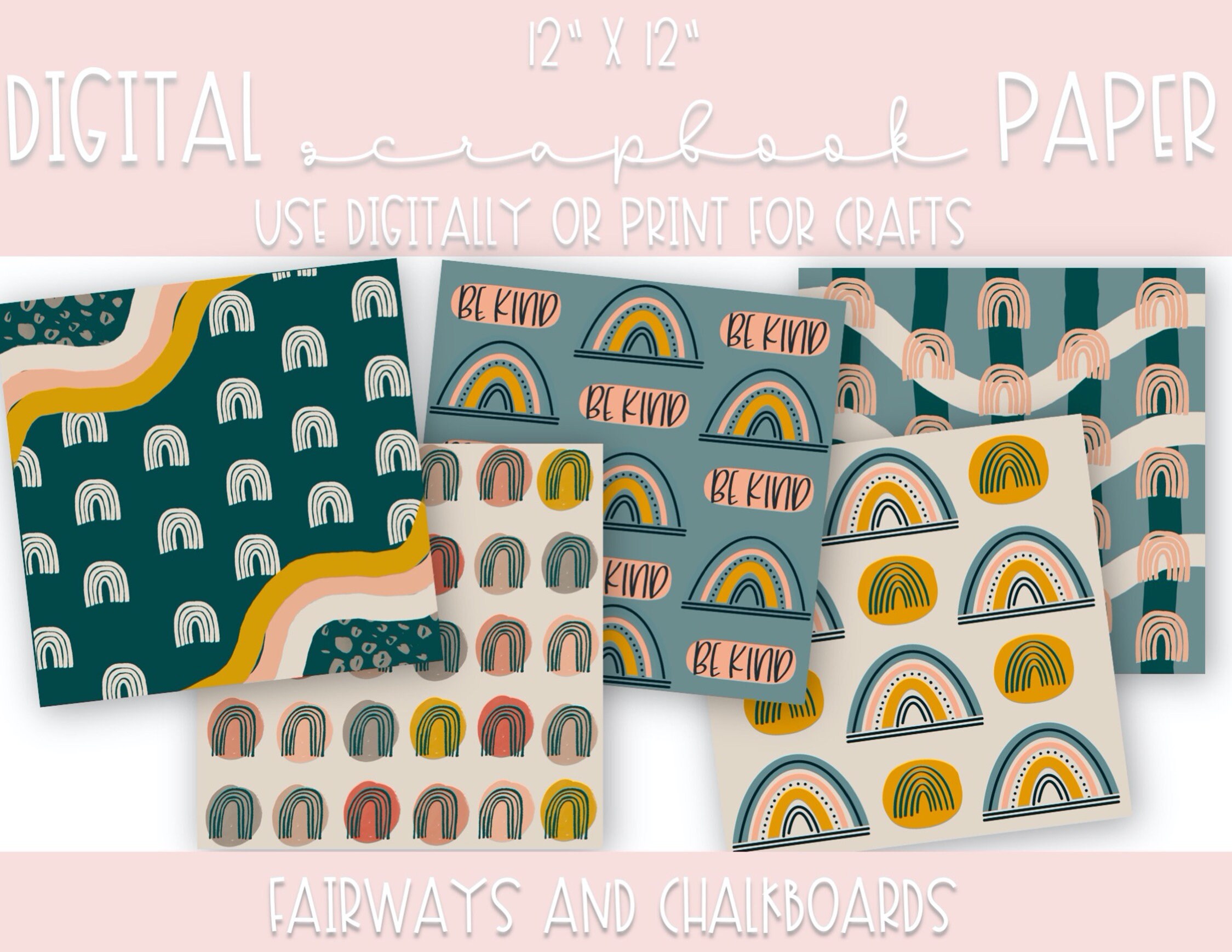 Modern Boho Rainbows Digital Scrapbook Paper 12 X 12 Digital or ...