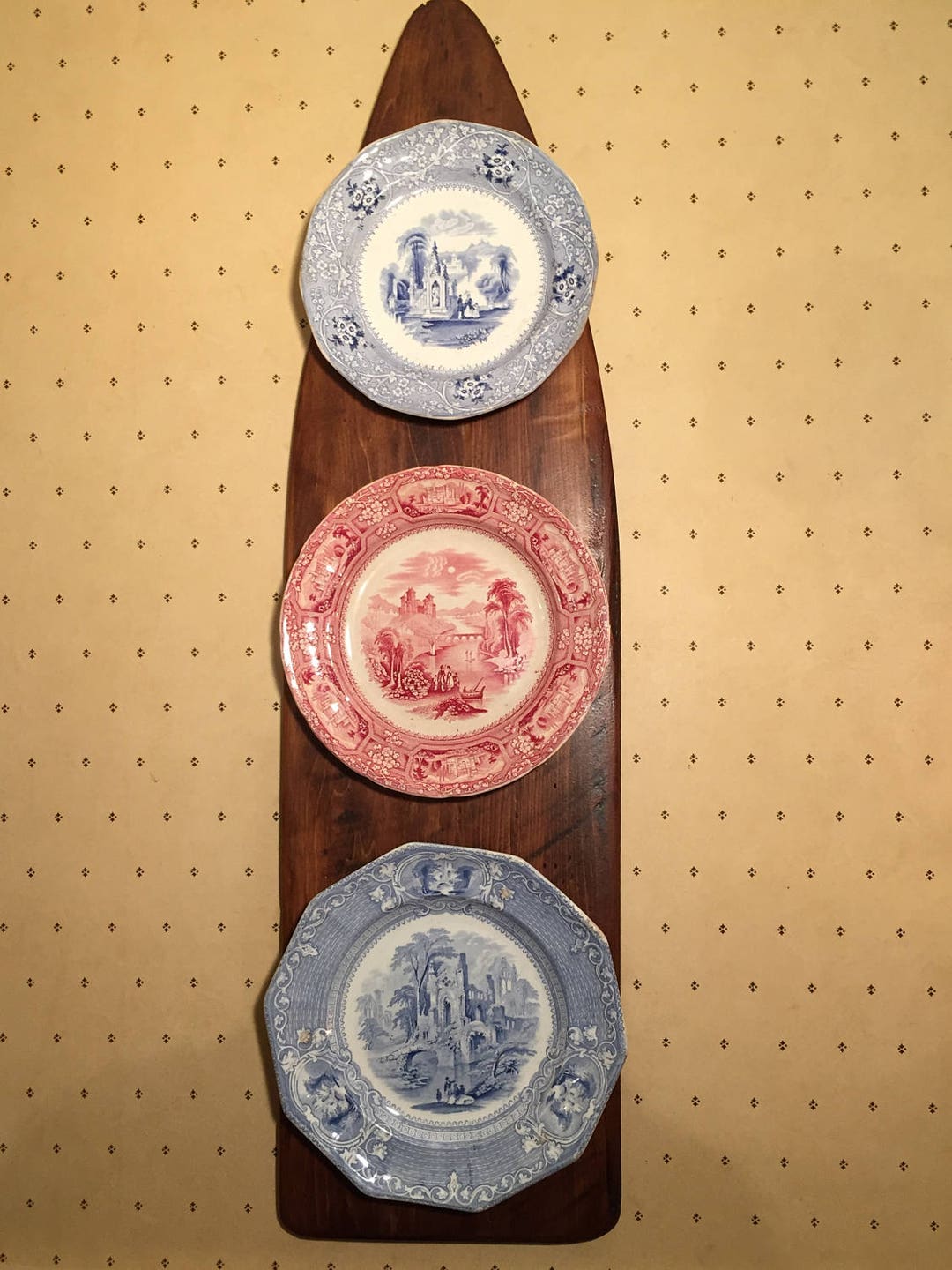 Plate Wall Mount, Mounted on Vintage Wood Back, 3 China Dinner Plates ...