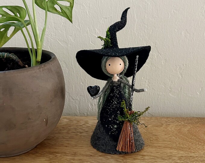 Kitchen Witch Doll Green Hair With Black Heart by Wands and Willows ...