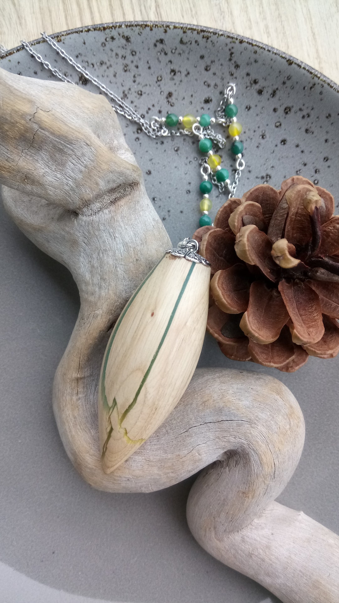 Long Necklace in Chestnut Wood and Blue, Green and Yellow Resin - Etsy