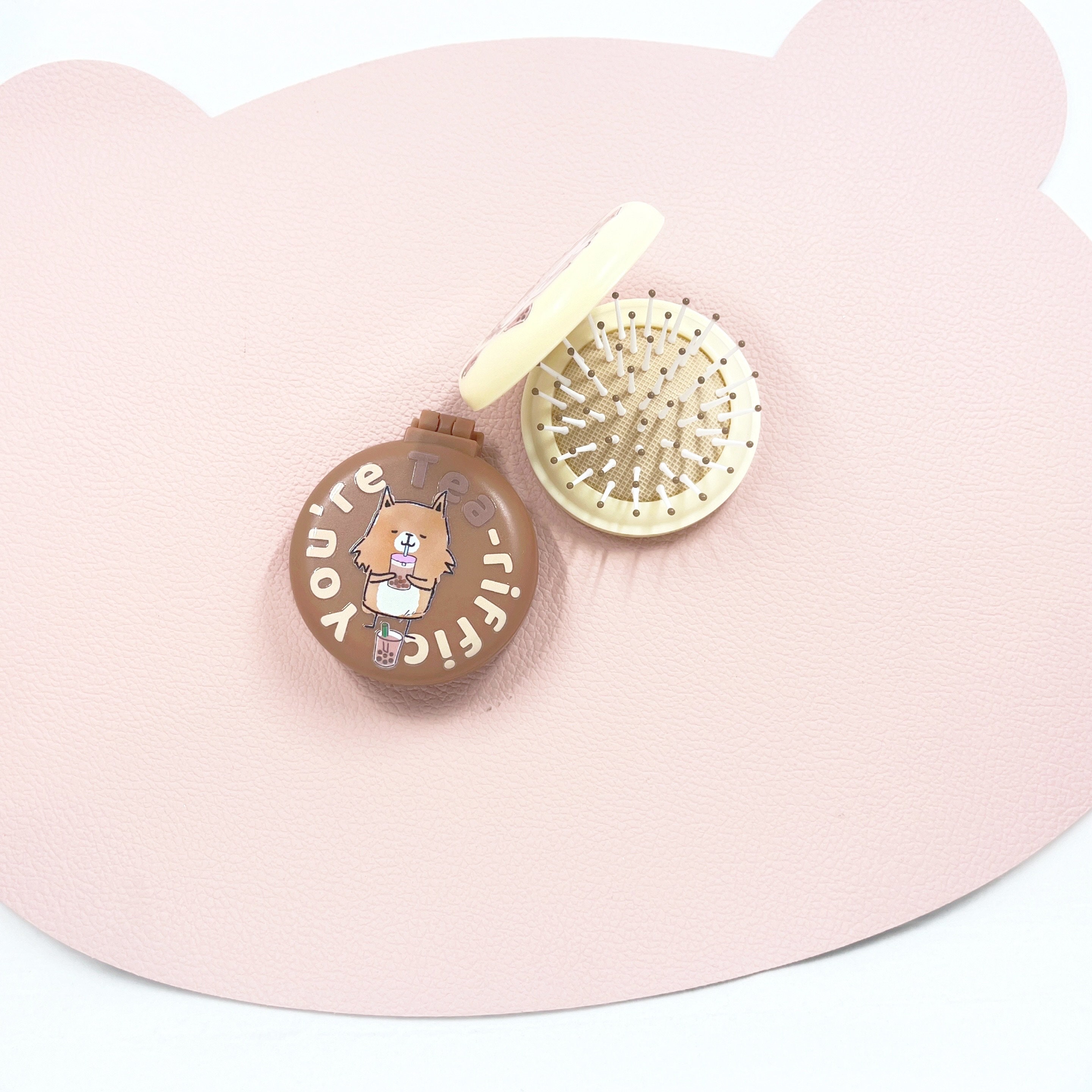 Cute Kawaii Bobba Tea Bubble Tea Portable Hair Brush Mirror Compact ...