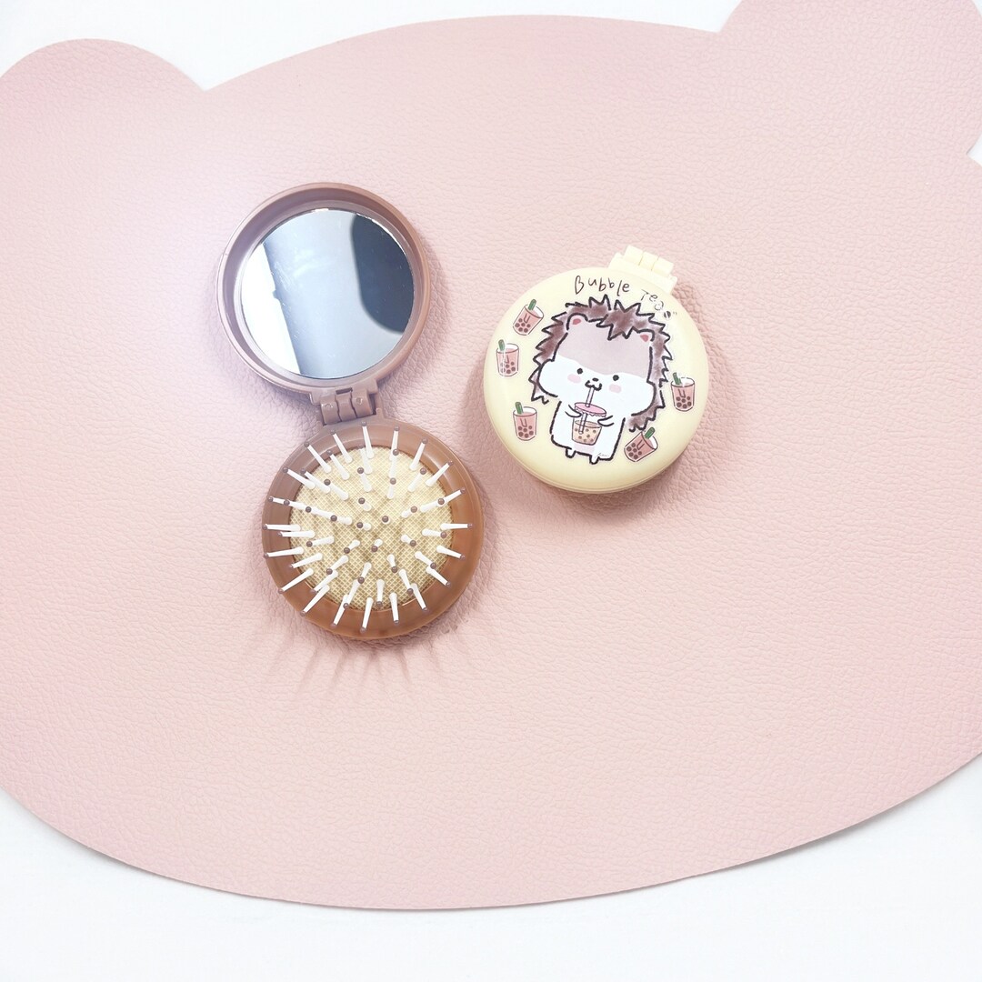 Cute Kawaii Bobba Tea Bubble Tea Portable Hair Brush Mirror Compact ...
