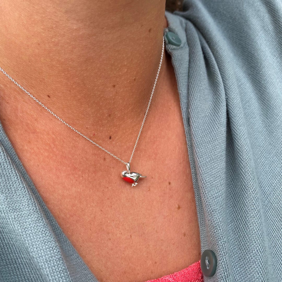 Sterling Silver Robin Necklace: Red Enamel Bird Pendant, Adjustable ...