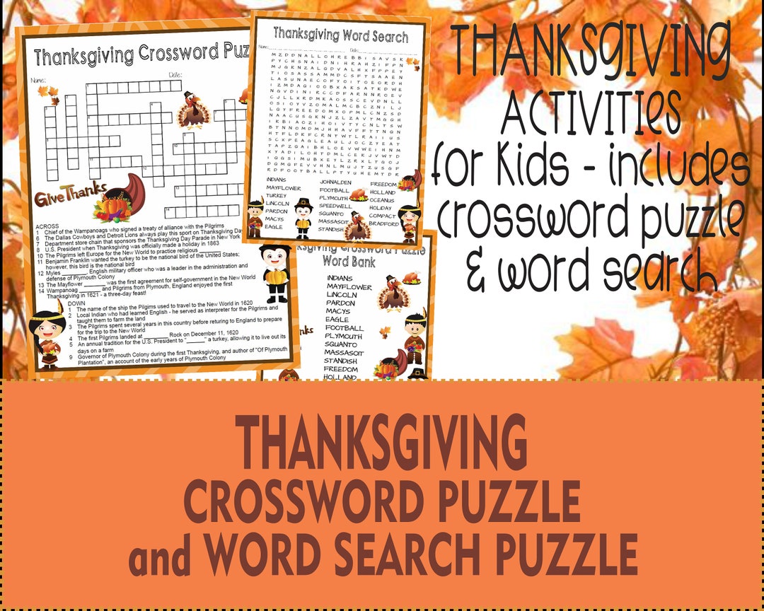 Thanksgiving Printables Activities Crossword and Word Search Puzzles - Etsy