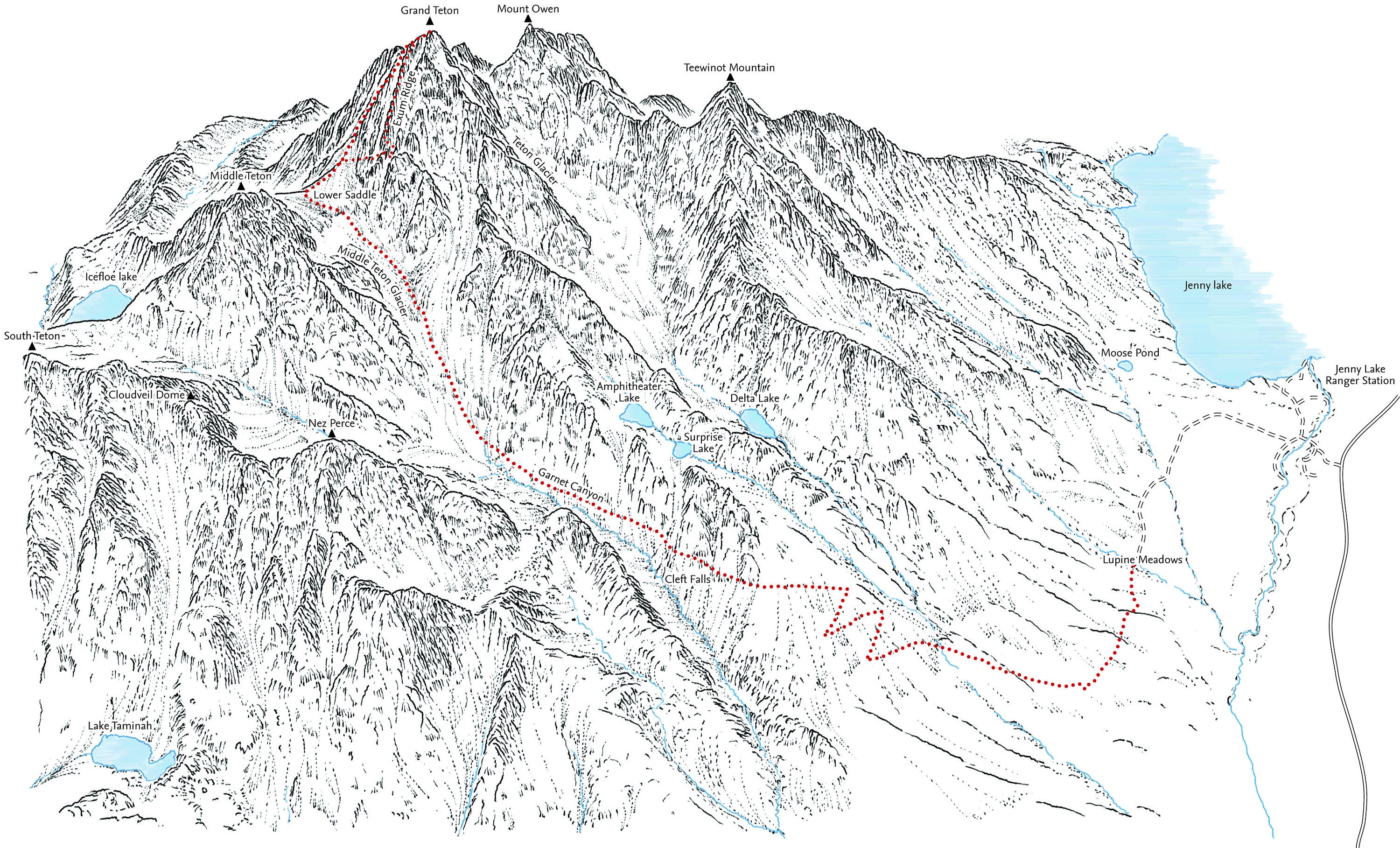 Grand Teton Line Illustration Detailing the Main Ascent - Etsy