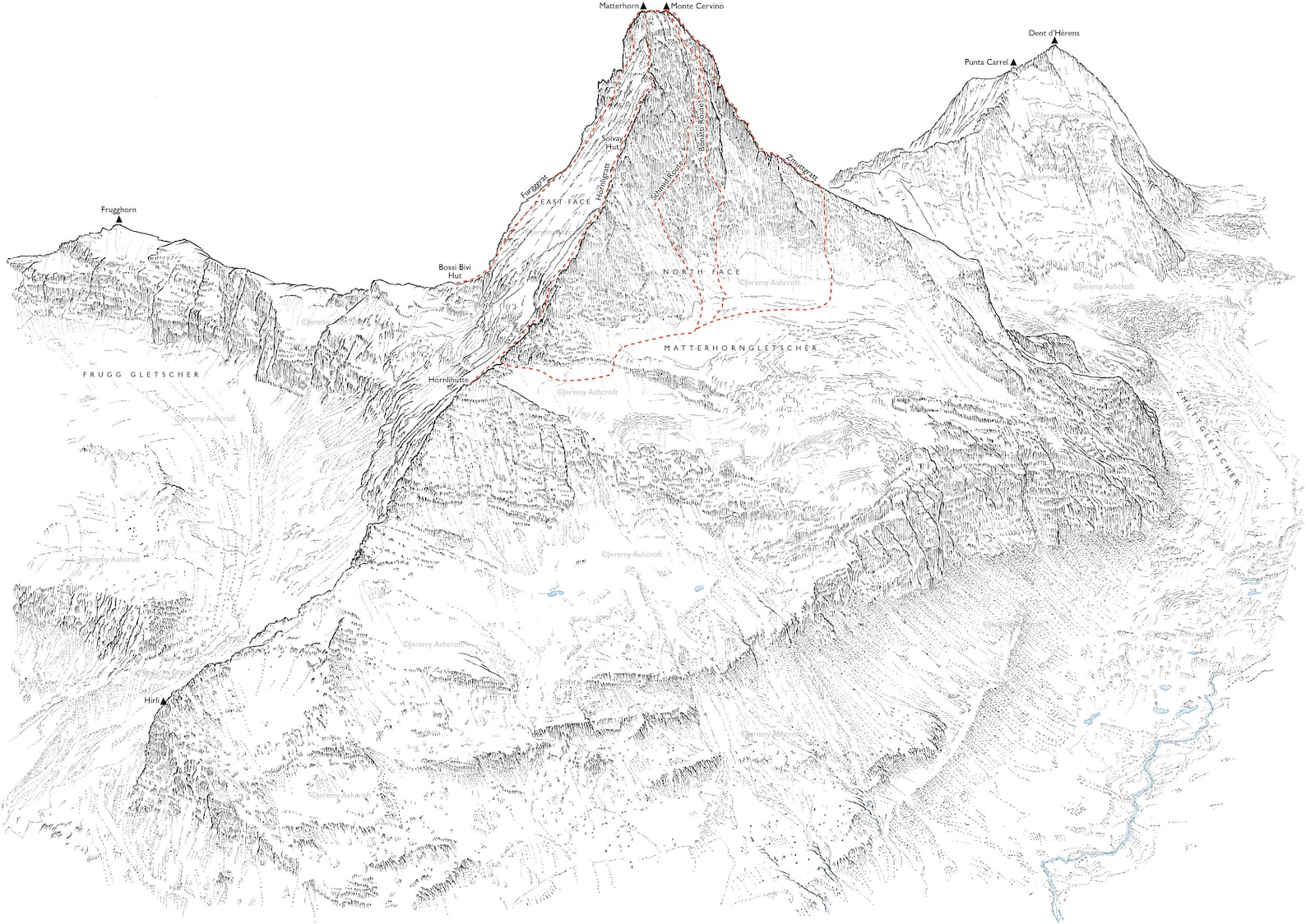 Matterhorn - Monte Cervino Line Illustration, Detailing the Hörnli ...