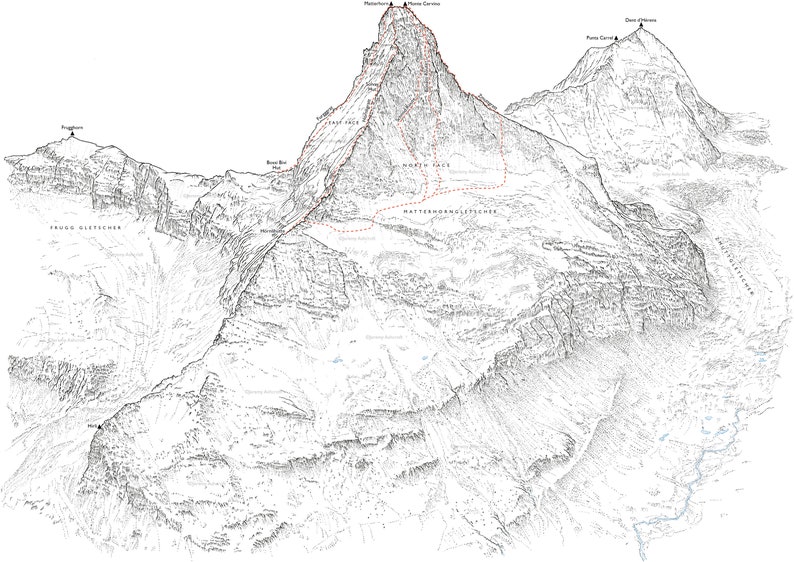 Matterhorn - Monte Cervino Line Illustration, Detailing the Hörnli ...
