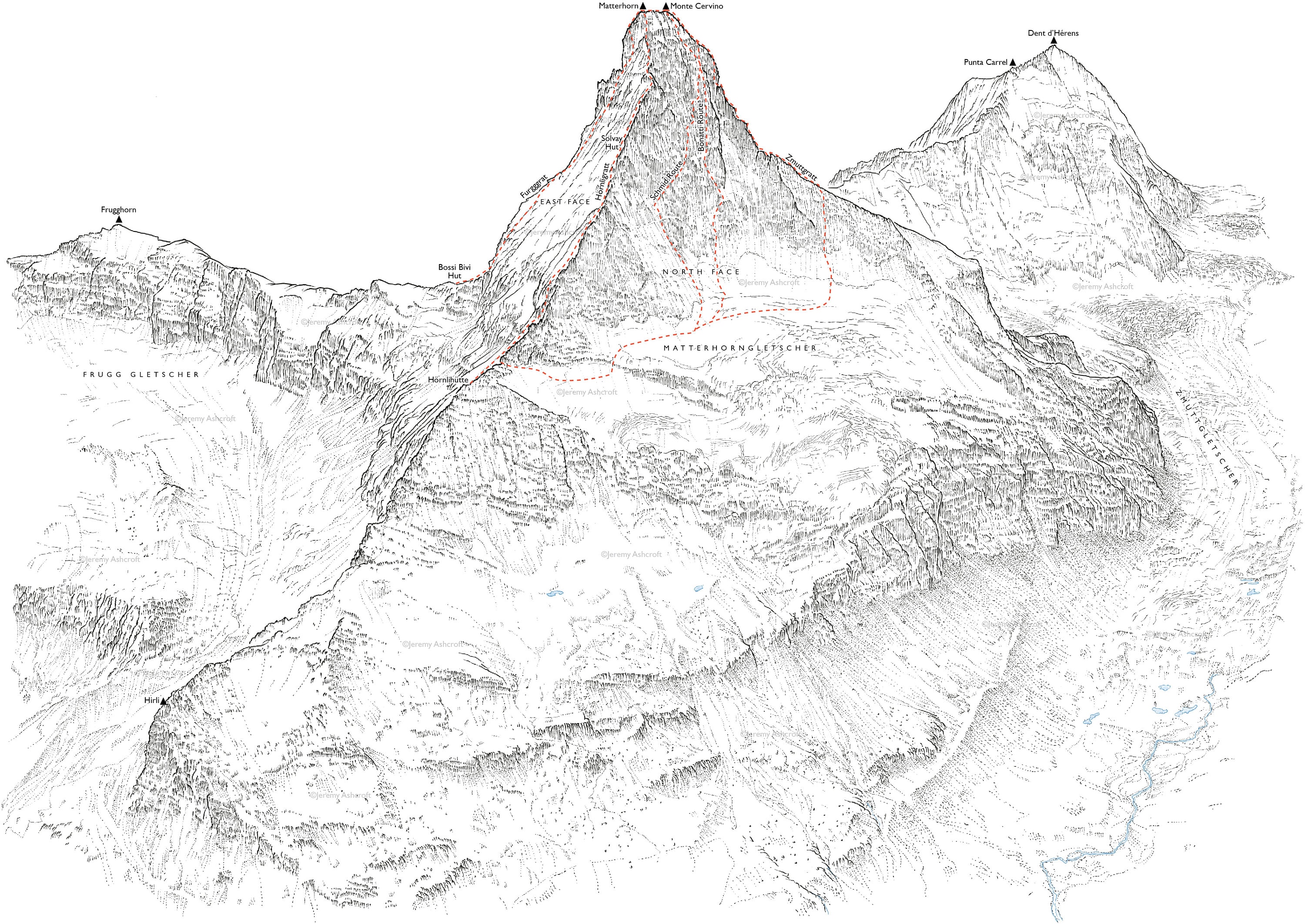Matterhorn - Monte Cervino Line Illustration, Detailing the Hörnli ...