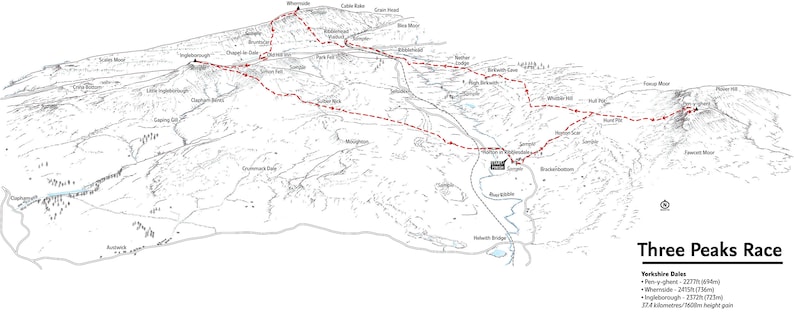 Three Peaks Race Map Yorkshire Dales - Etsy UK