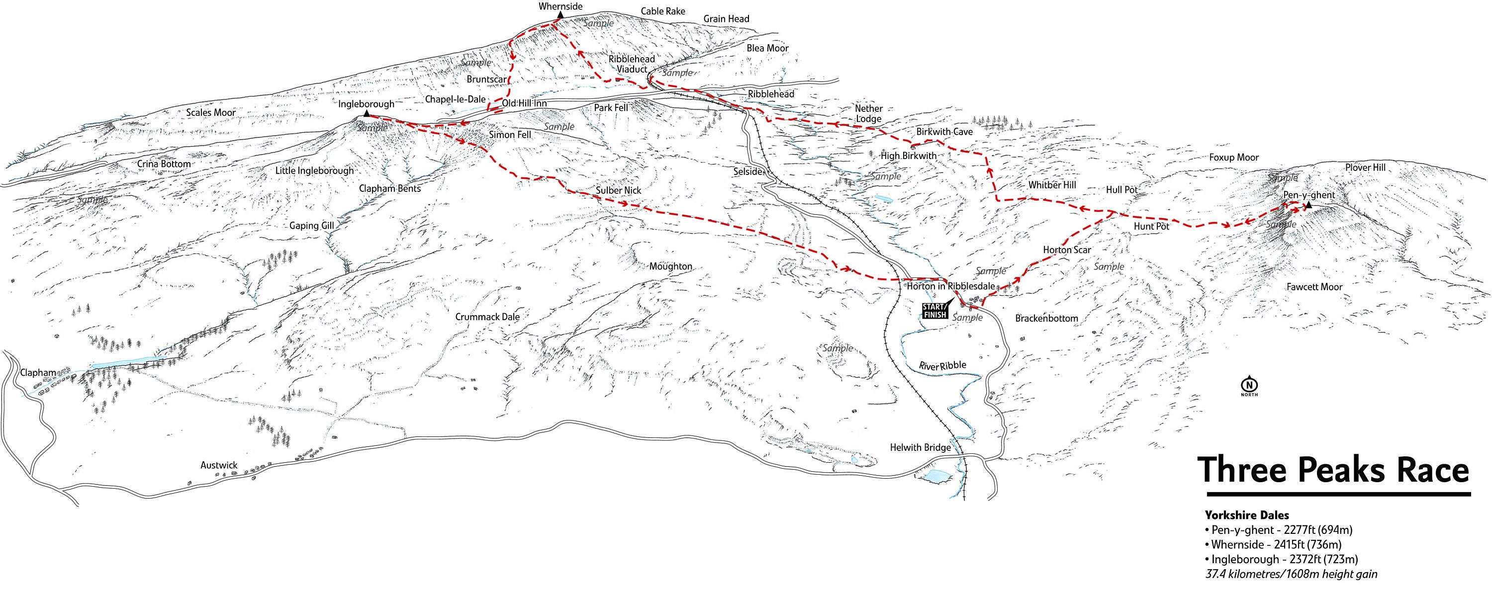 Three Peaks Race Map Yorkshire Dales - Etsy UK