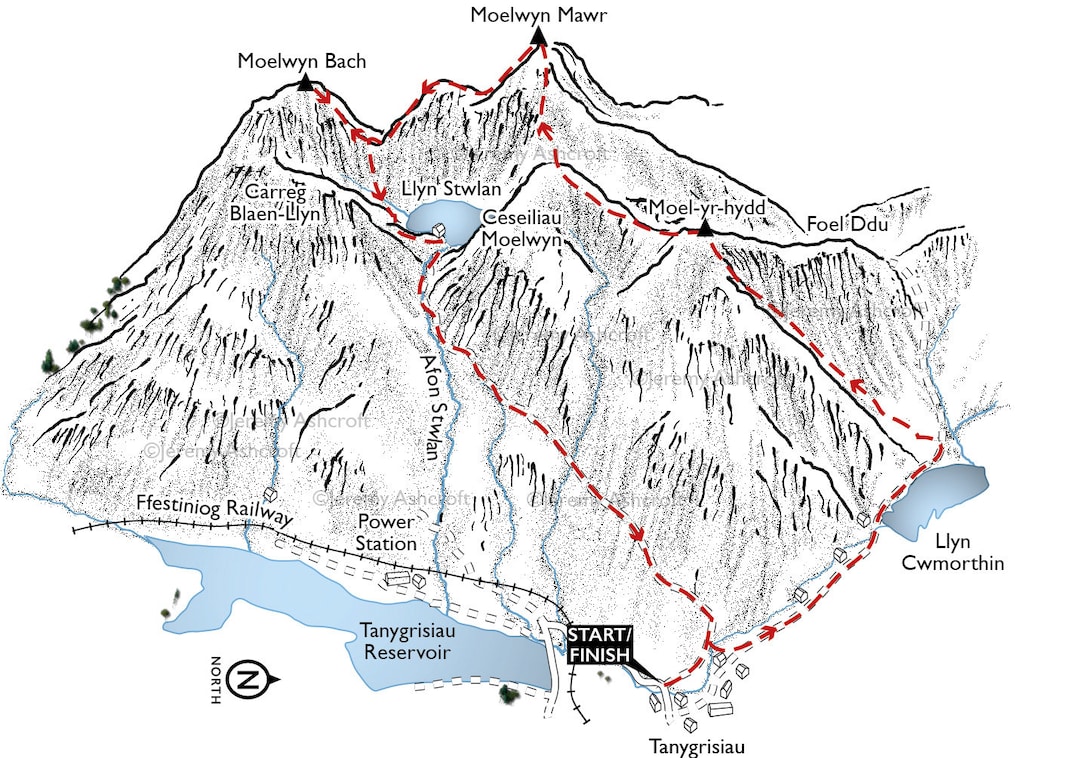Moelwyn Mawr and Moelwyn Bach From Tanygrisiau, Blaenau Ffestiniog. Line Illustration Detailing ...