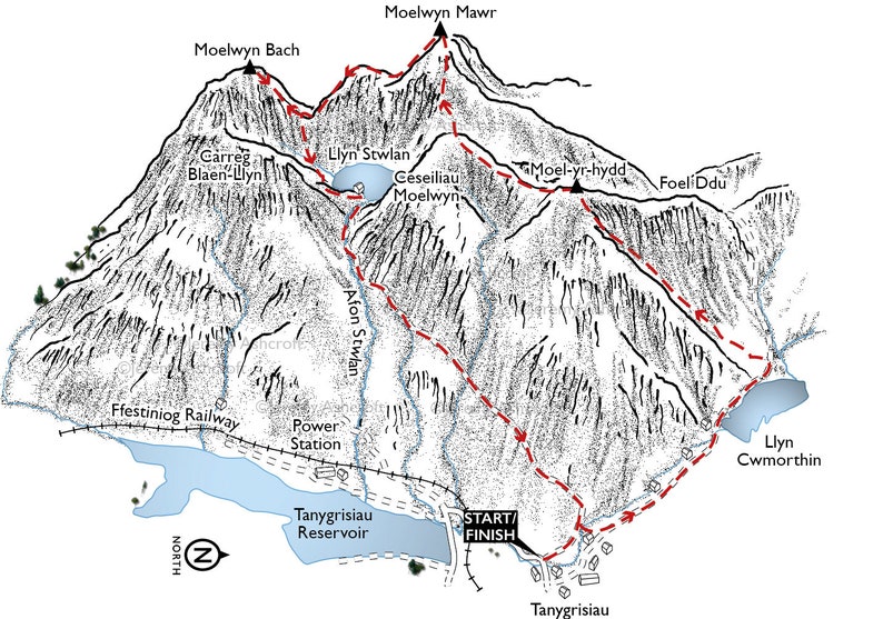 Moelwyn Mawr and Moelwyn Bach From Tanygrisiau, Blaenau Ffestiniog. Line Illustration Detailing ...