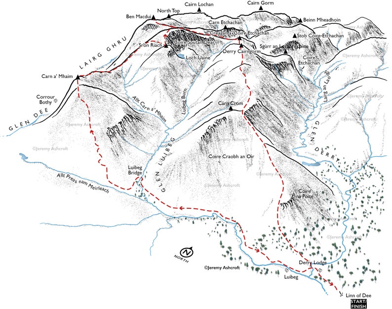 Ben Macdui and Derry Cairngorm From Deeside. Line Illustration Showing ...
