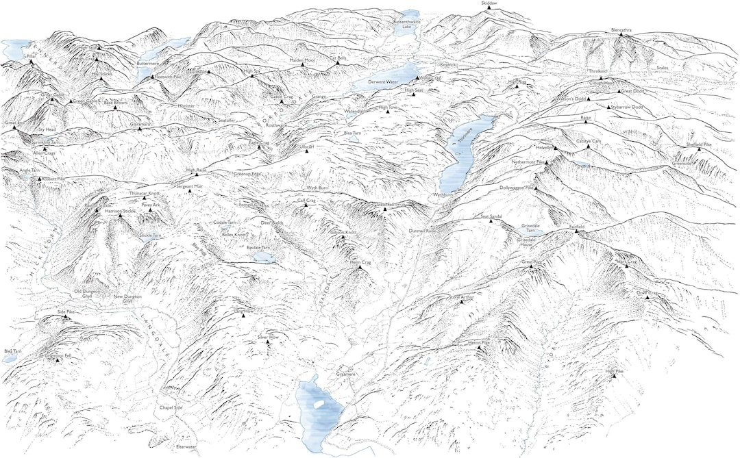 Grasmere, Central and Eastern Fells. Line Illustration Detailing All ...