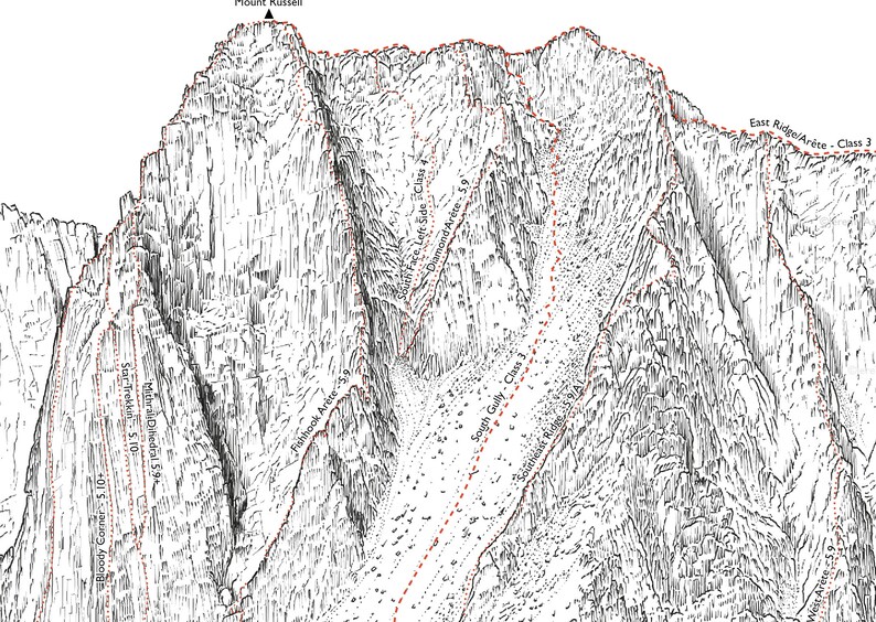 Mount Russell South Face 14er. Line Illustration Detailing - Etsy